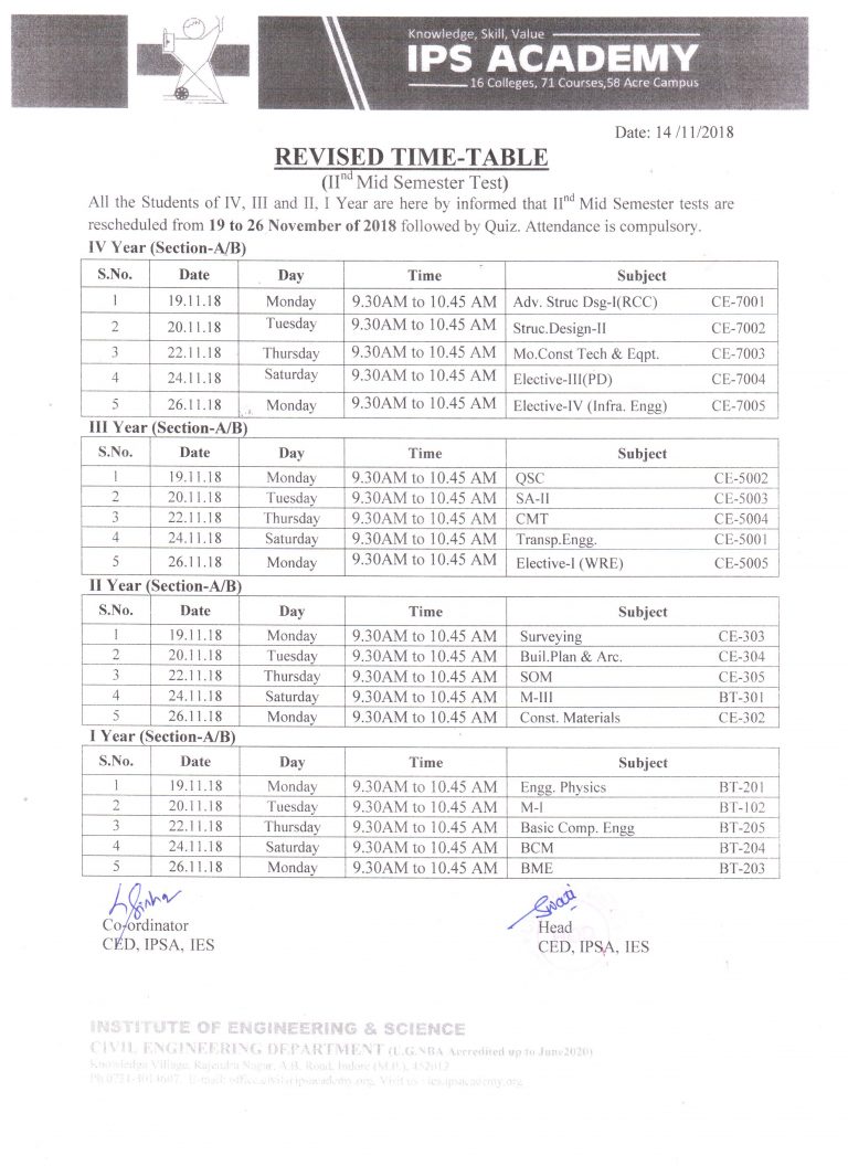 Revised Test Time-Table Nov 2018 – IPS Academy Indore