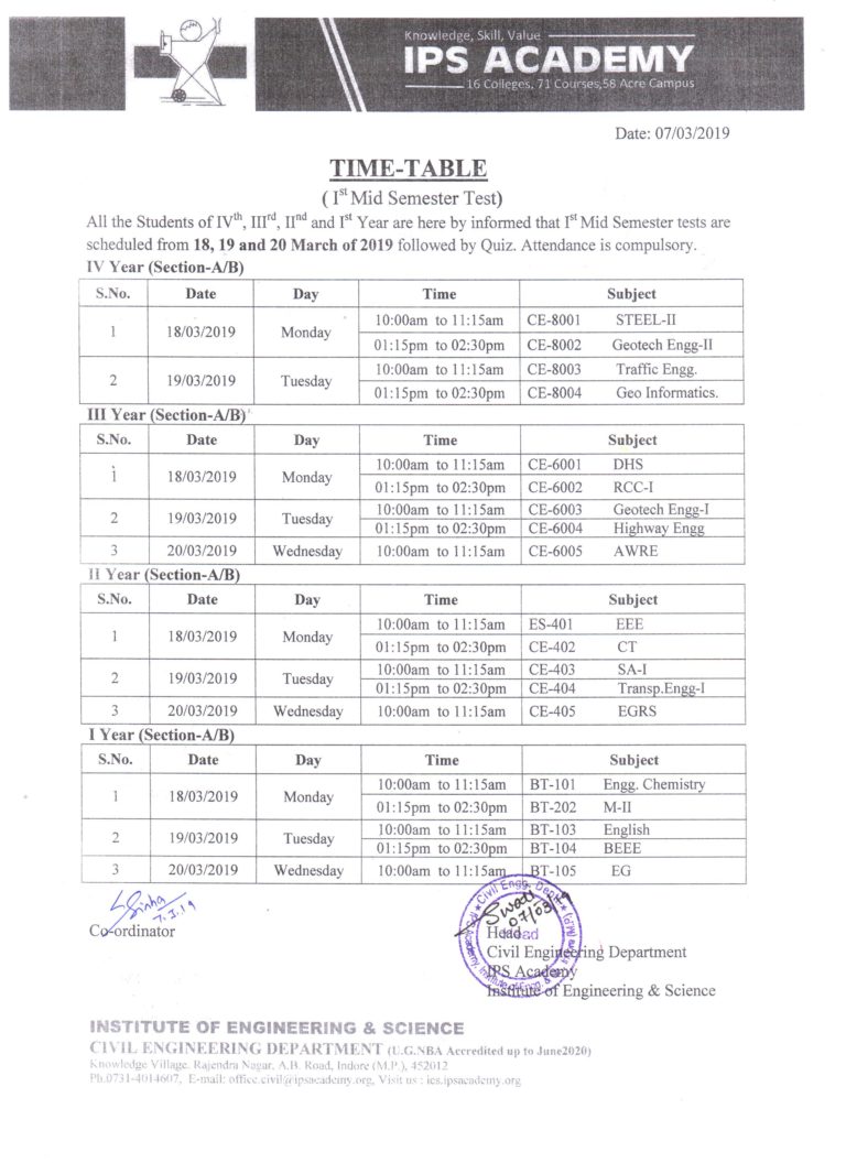 I -Mid Semester Test Time-Table 2019 – IPS Academy Indore