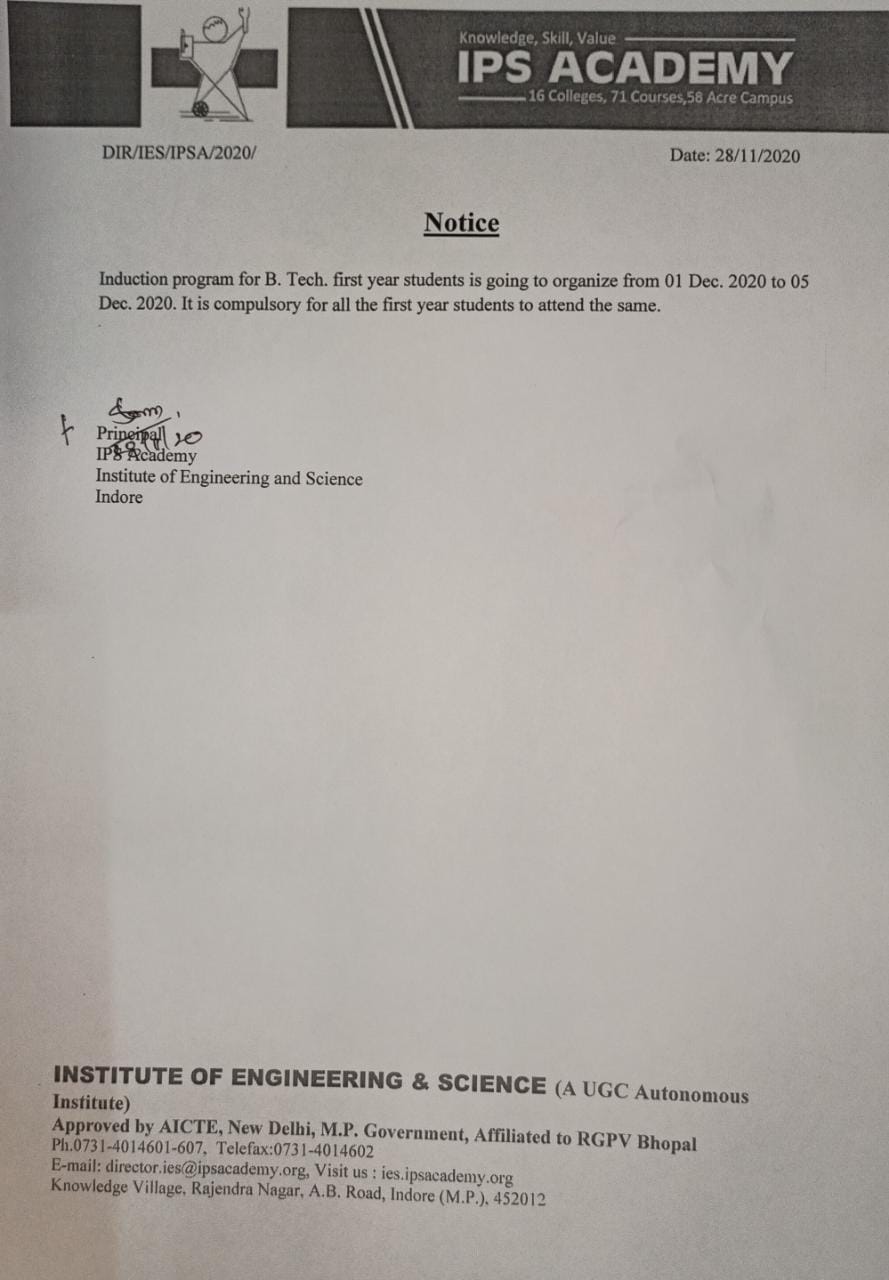 Induction Program for B. Tech. First Year Students – IPS Academy Indore