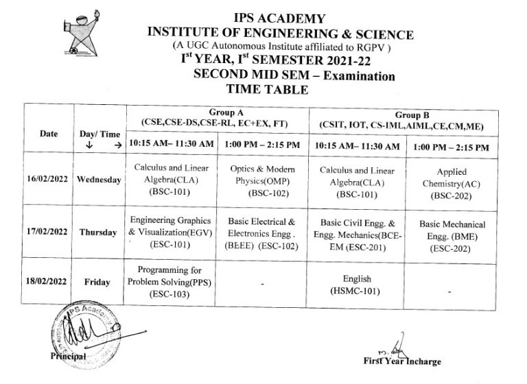Second Mid Sem Time Table for First Sem 2020-21 – IPS Academy Indore