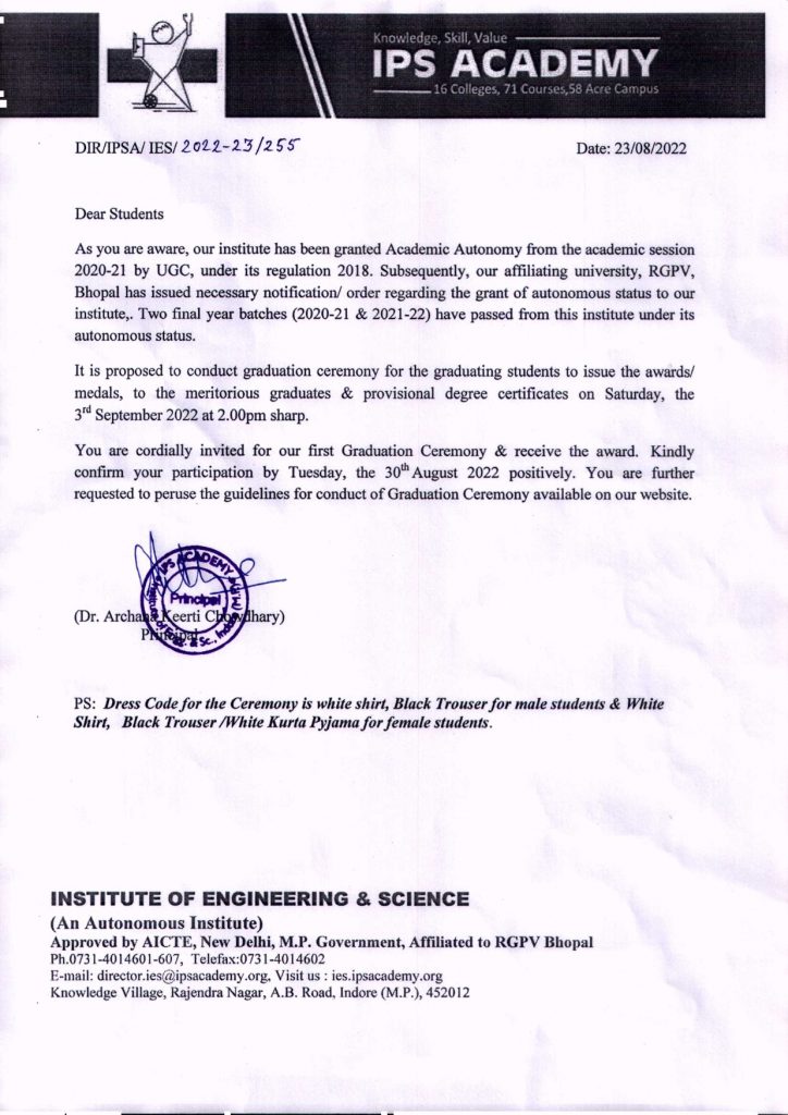 Invitation for Graduation Ceremony – IPS Academy Indore